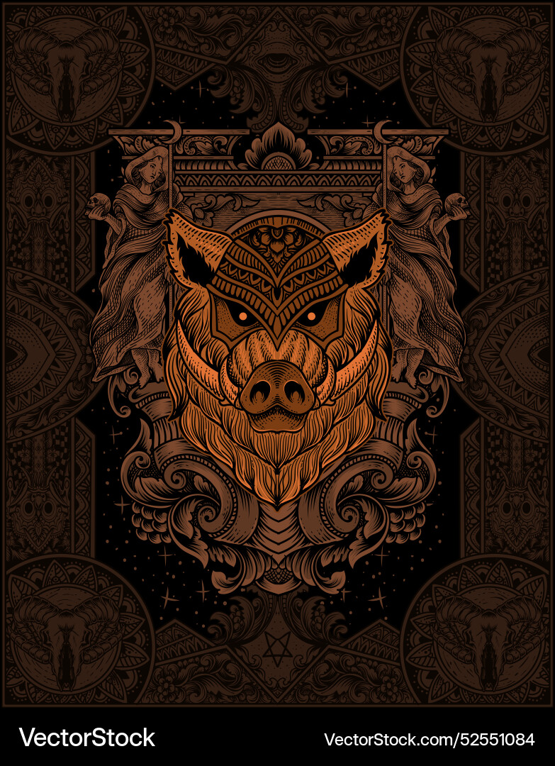 Wild boar skull head with antique engraving Vector Image