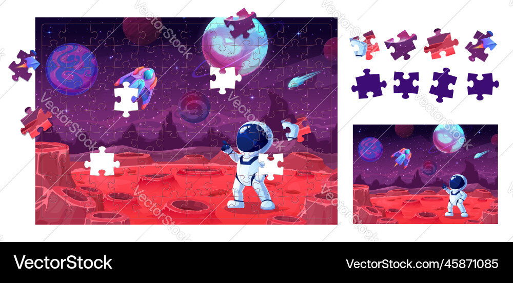 Cartoon astronaut on planet jigsaw puzzle game Vector Image