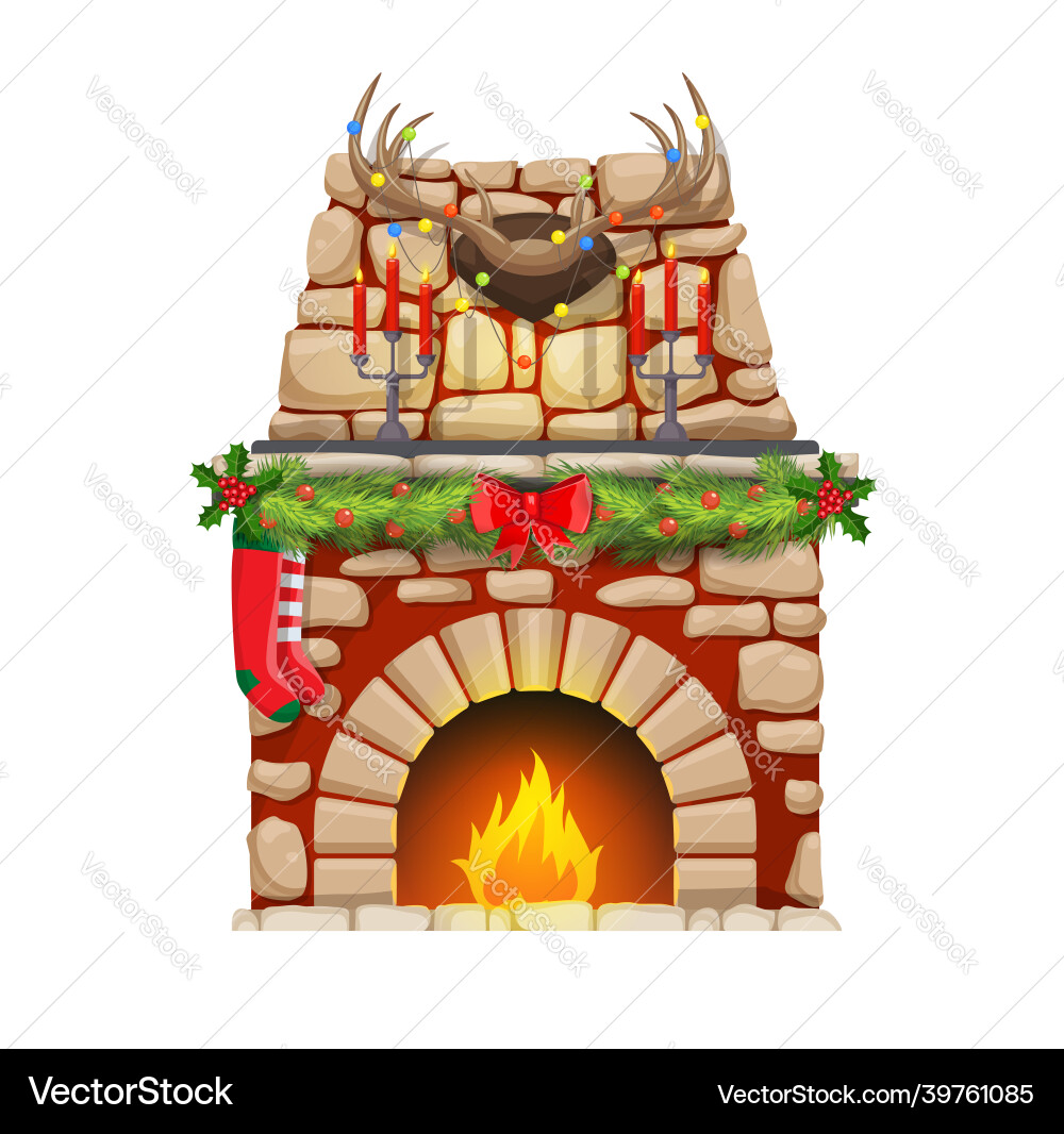 Christmas fireplace with fire and xmas decorations