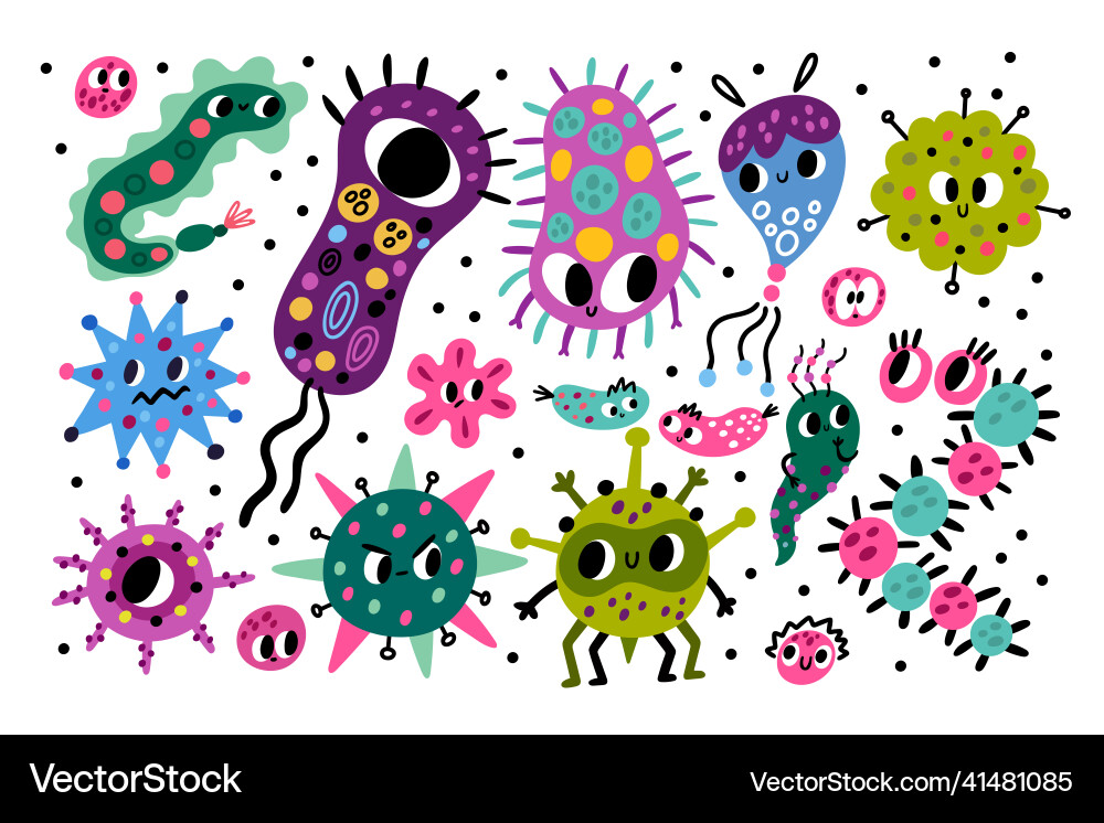 Cute bacteria characters funny cartoon germs Vector Image