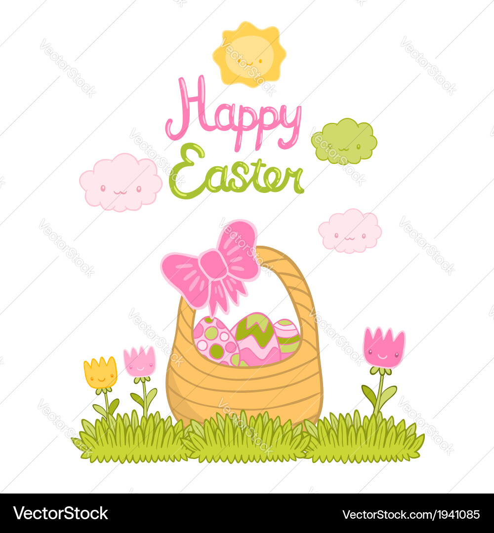 Happy easter cartoon cute basket and eggs Vector Image