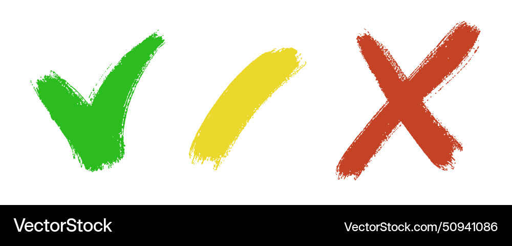 Black brush strokes tick cross and dash Royalty Free Vector