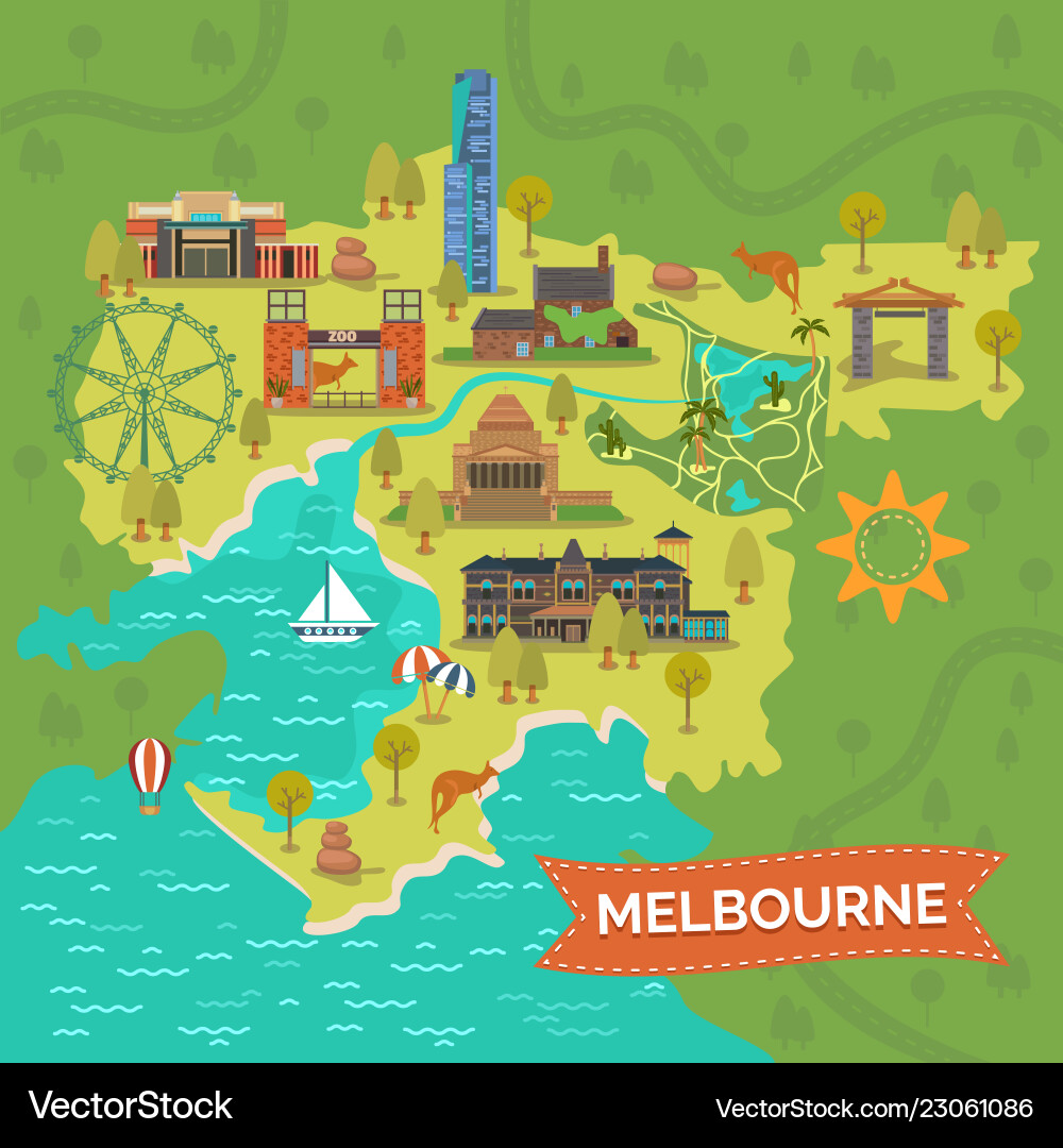 Melbourne City Map - Landmarks & Attractions Vector Image