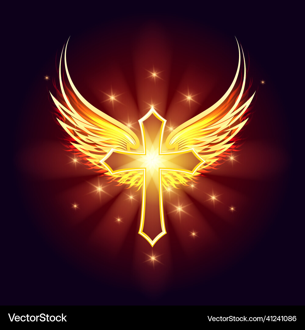 Shining winged golden cross on black background Vector Image