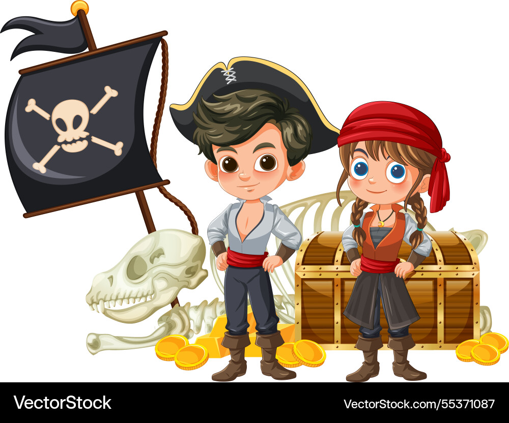 Two pirates standing with treasure and skeleton Vector Image