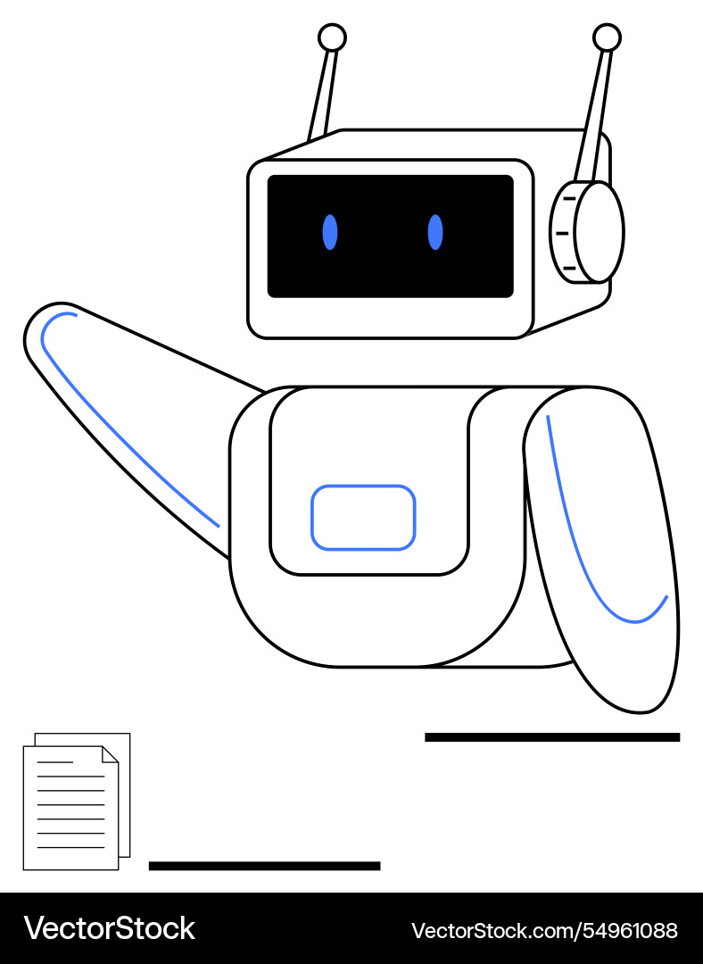 Friendly robot gesturing with arm near document Vector Image