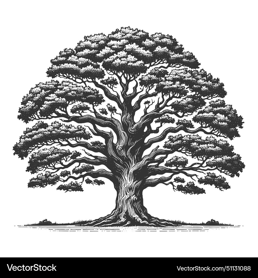 Oak tree with expansive roots engraving Royalty Free Vector