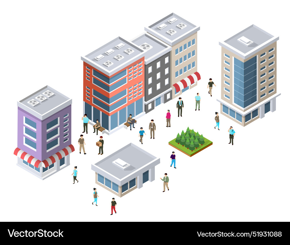People walking and relaxing in a small isometric Vector Image