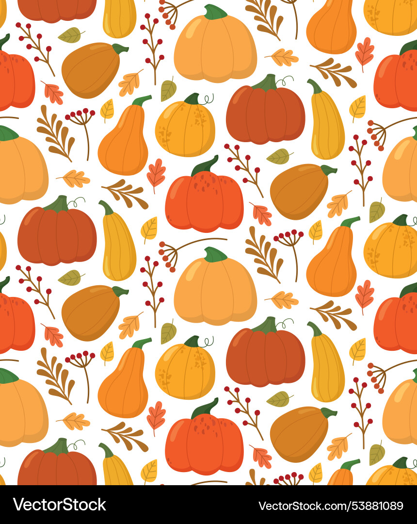 Autumn pattern with cute pumpkins leaves and bran Vector Image