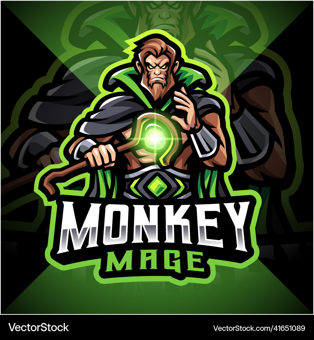 Monkey mage esport mascot logo design Royalty Free Vector
