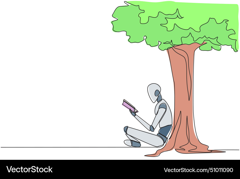 Continuous one line drawing robot sitting reading Vector Image