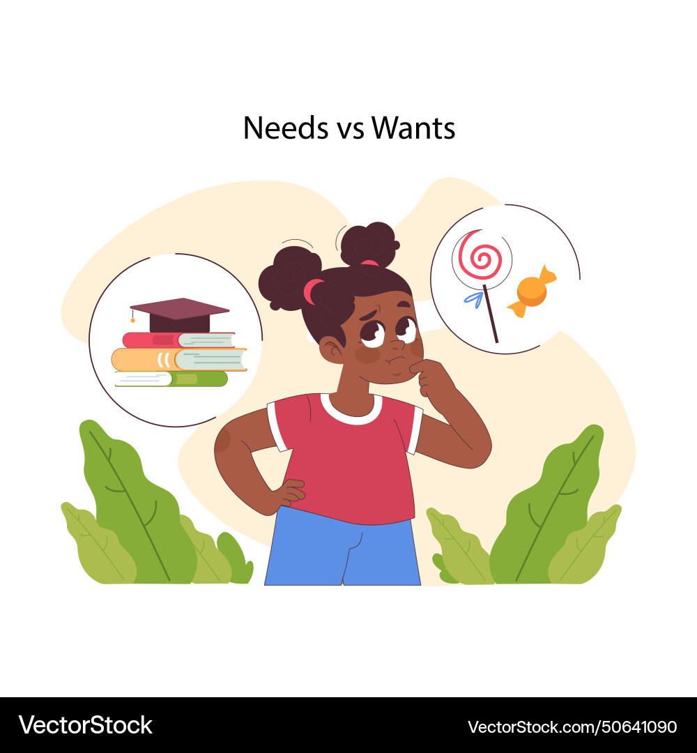 Needs vs wants concept thoughtful young girl Vector Image