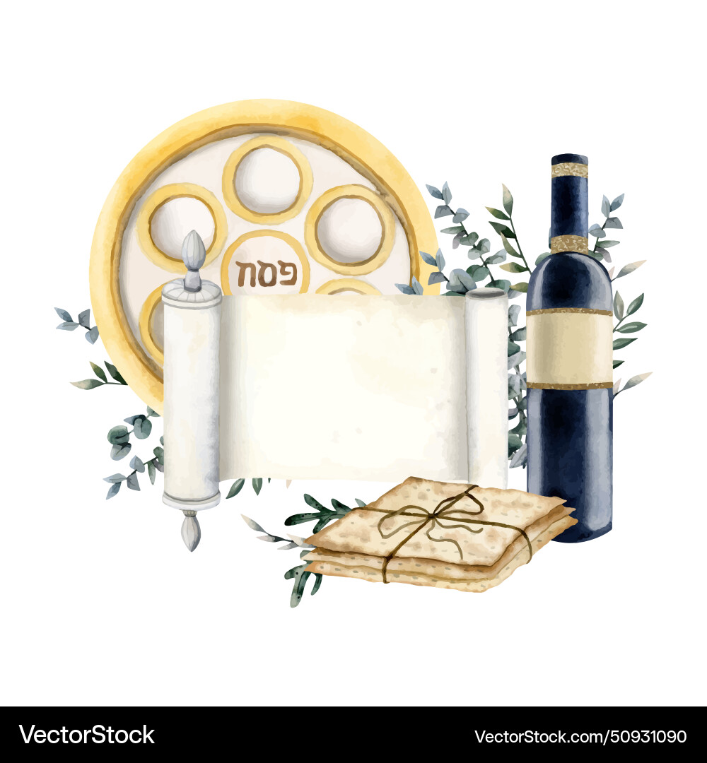 Passover symbols with wine matzah seder plate Vector Image