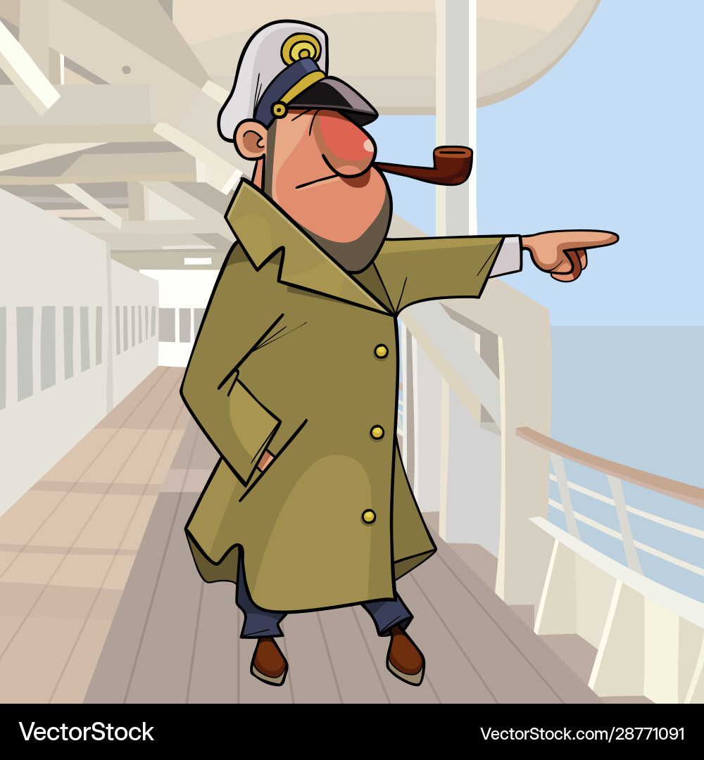 Cartoon ship captain points a finger at sea Vector Image