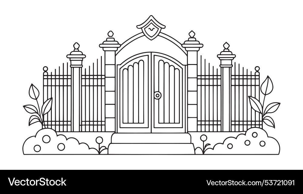 Garden gate house continuous line art isolated Vector Image