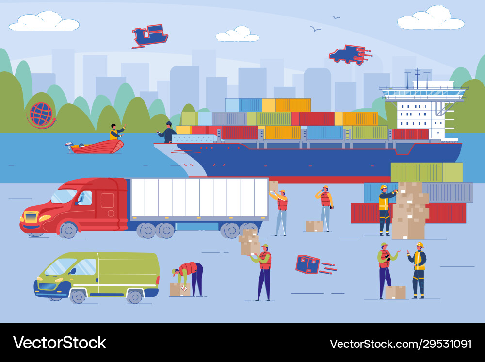 Joint unloading vessel arriving at large port Vector Image