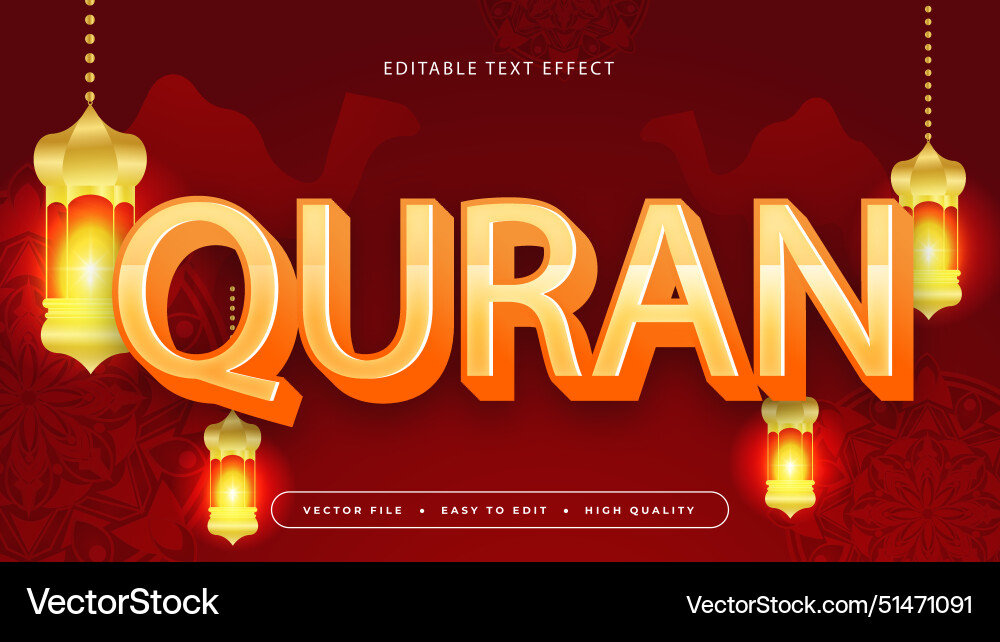 Red orange and gold quran 3d editable text effect Vector Image