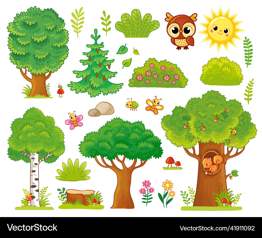 Big set with trees animals collection Royalty Free Vector