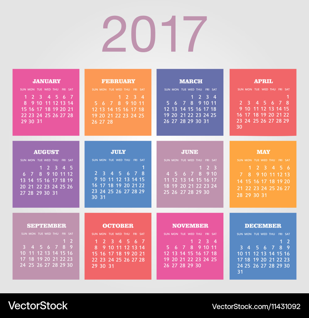 Calendar 2017 year week starts sunday Royalty Free Vector