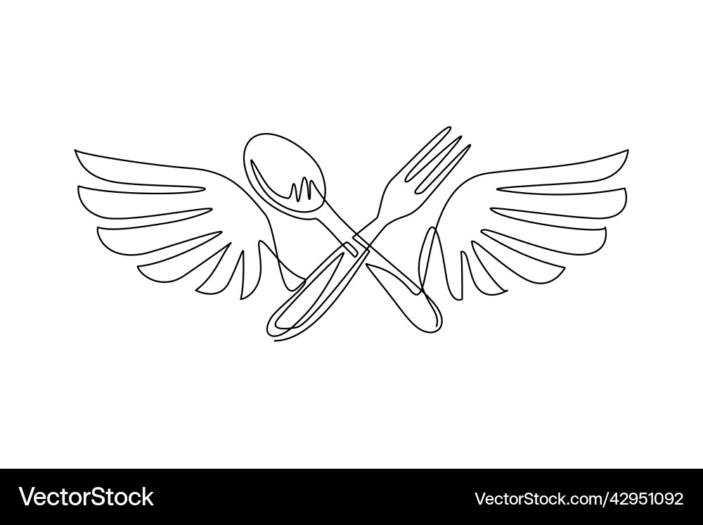 Single one line drawing fork spoon with wings Vector Image
