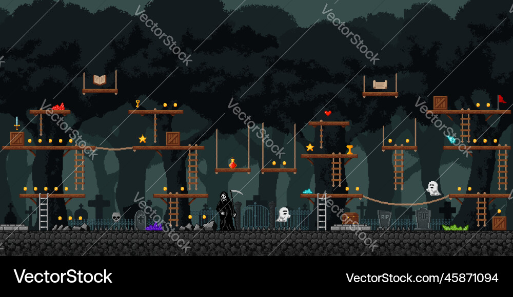 Dark Forest Cemetery Game Level Royalty Free Vector Image