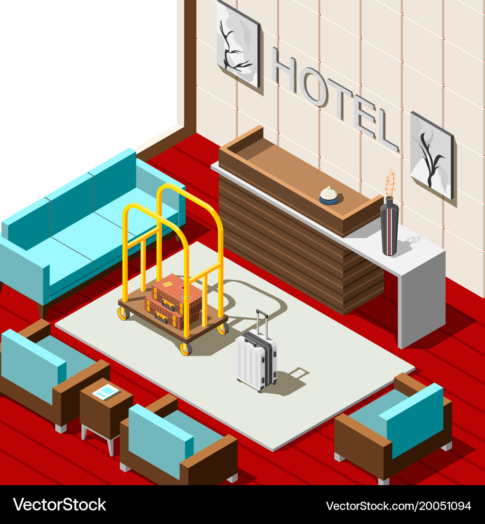 Hotel reception isometric background Royalty Free Vector