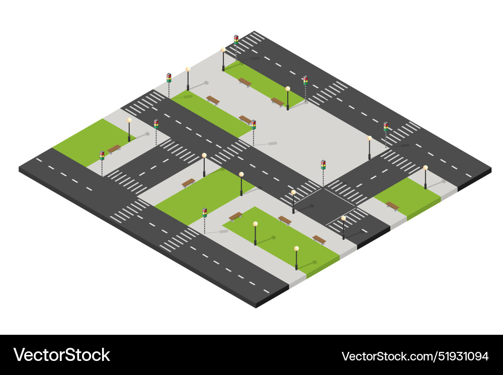 Isometric city map with crossroad traffic lights Vector Image