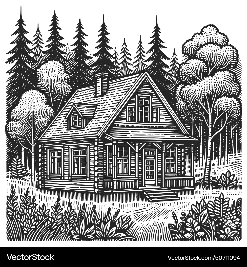 Rustic Mountain Cabin Engraving Royalty Free Vector Image