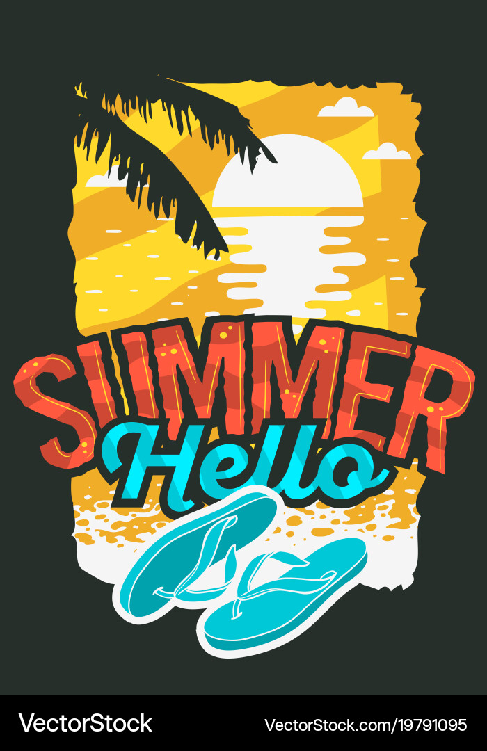 Hello summer poster design with sunrise above Vector Image