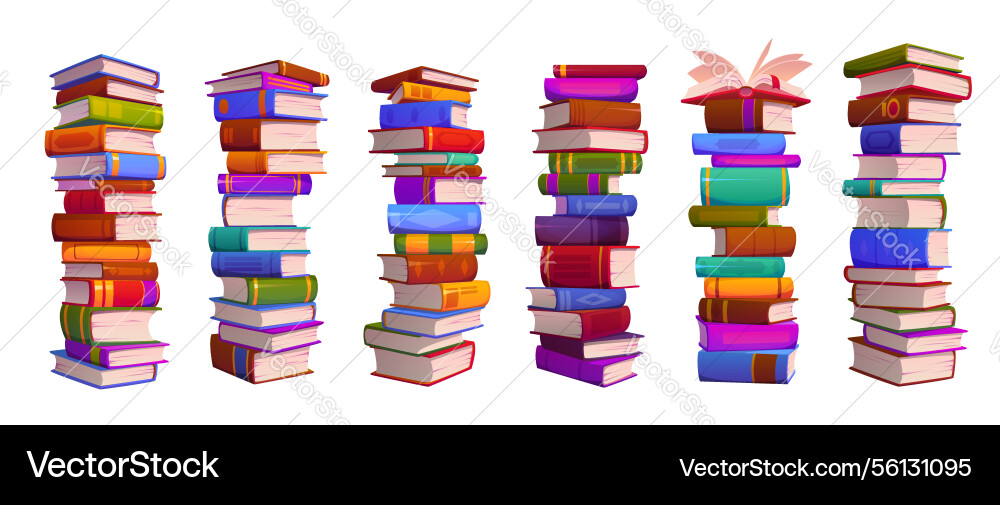 High book stacks or school library textbooks piles