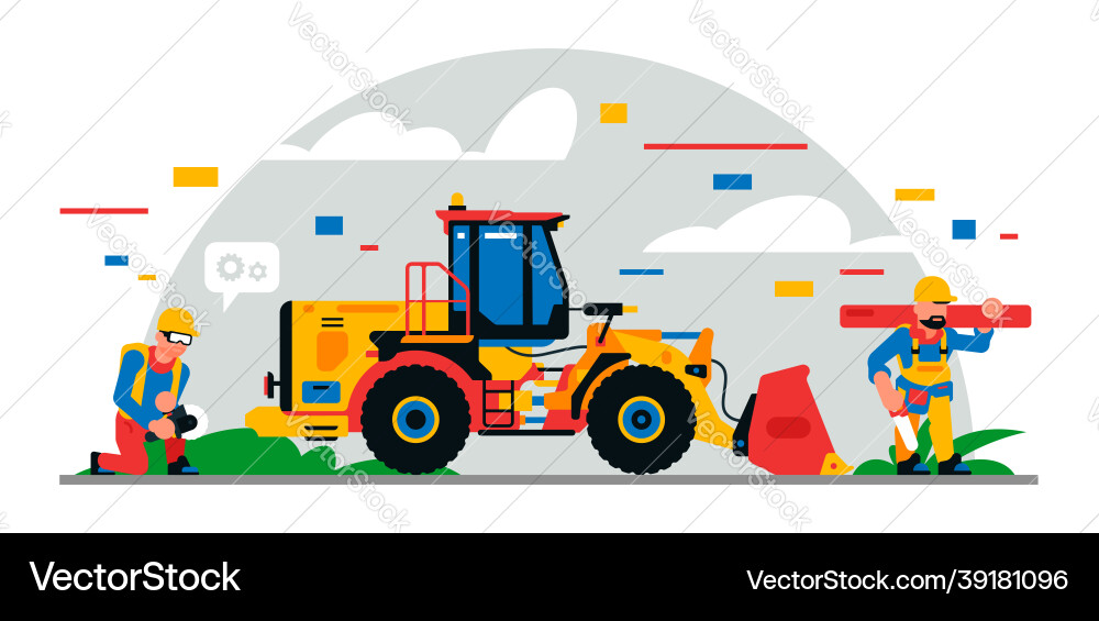 Construction equipment and workers at the site Vector Image