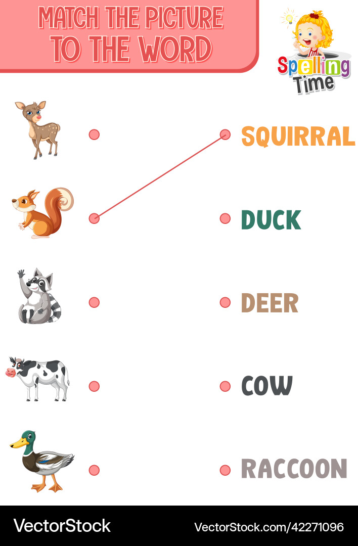 Word Matching Worksheet - Kids Animals Royalty Free Vector