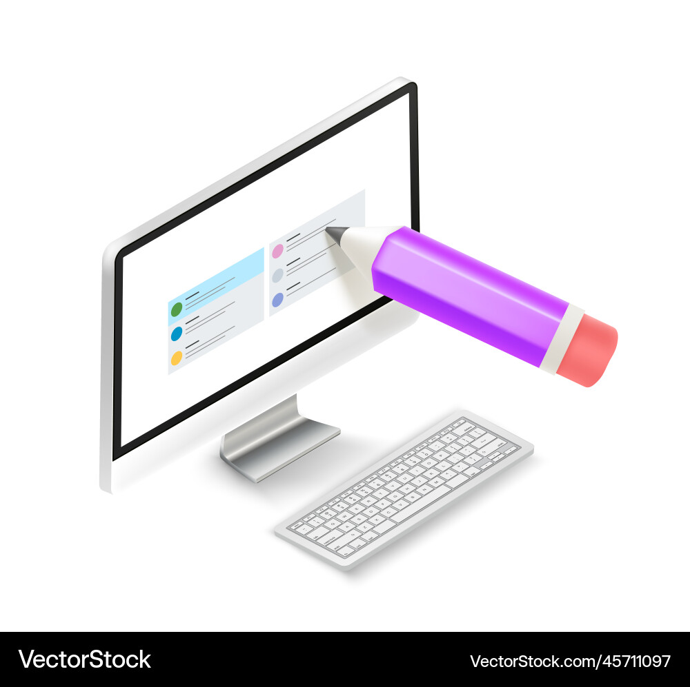 Computer and crayon isometric with pc Royalty Free Vector