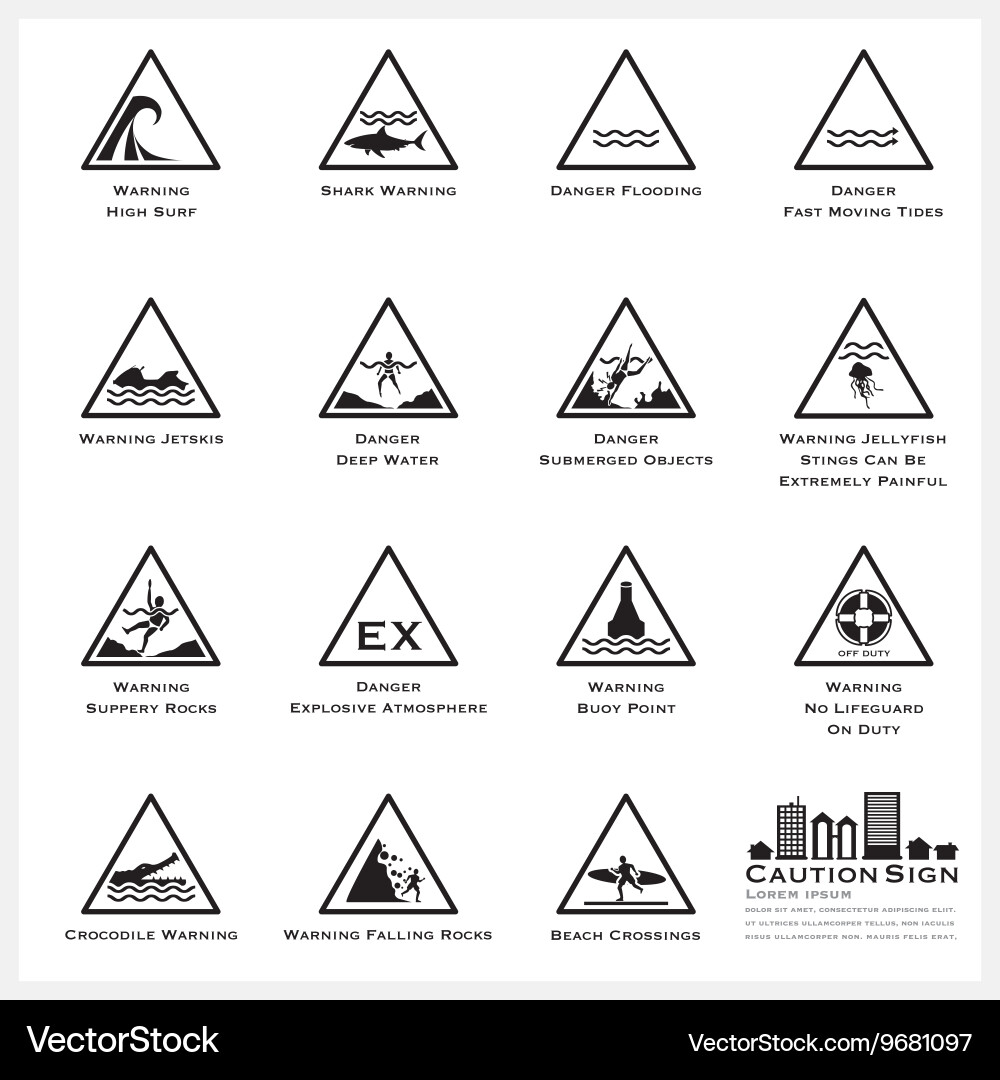 Sea and beach caution warning sign icons set Vector Image