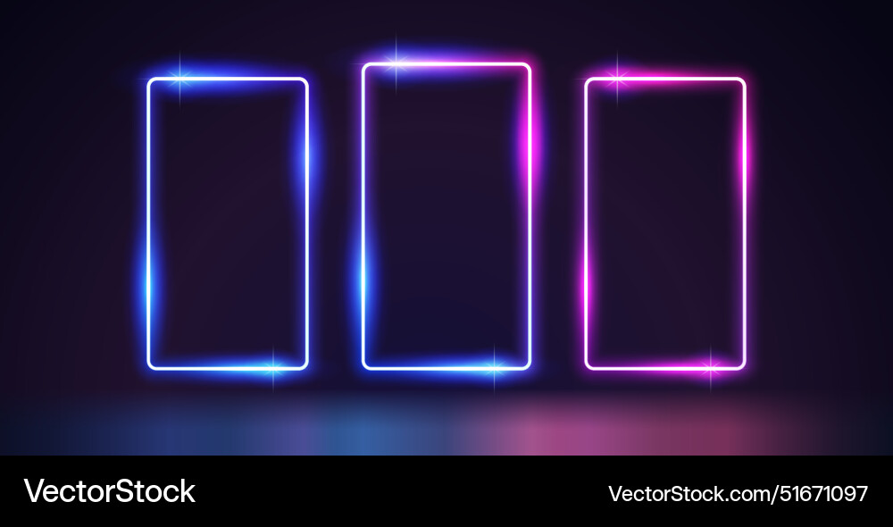 Three glowing neon rectangle frames set Royalty Free Vector