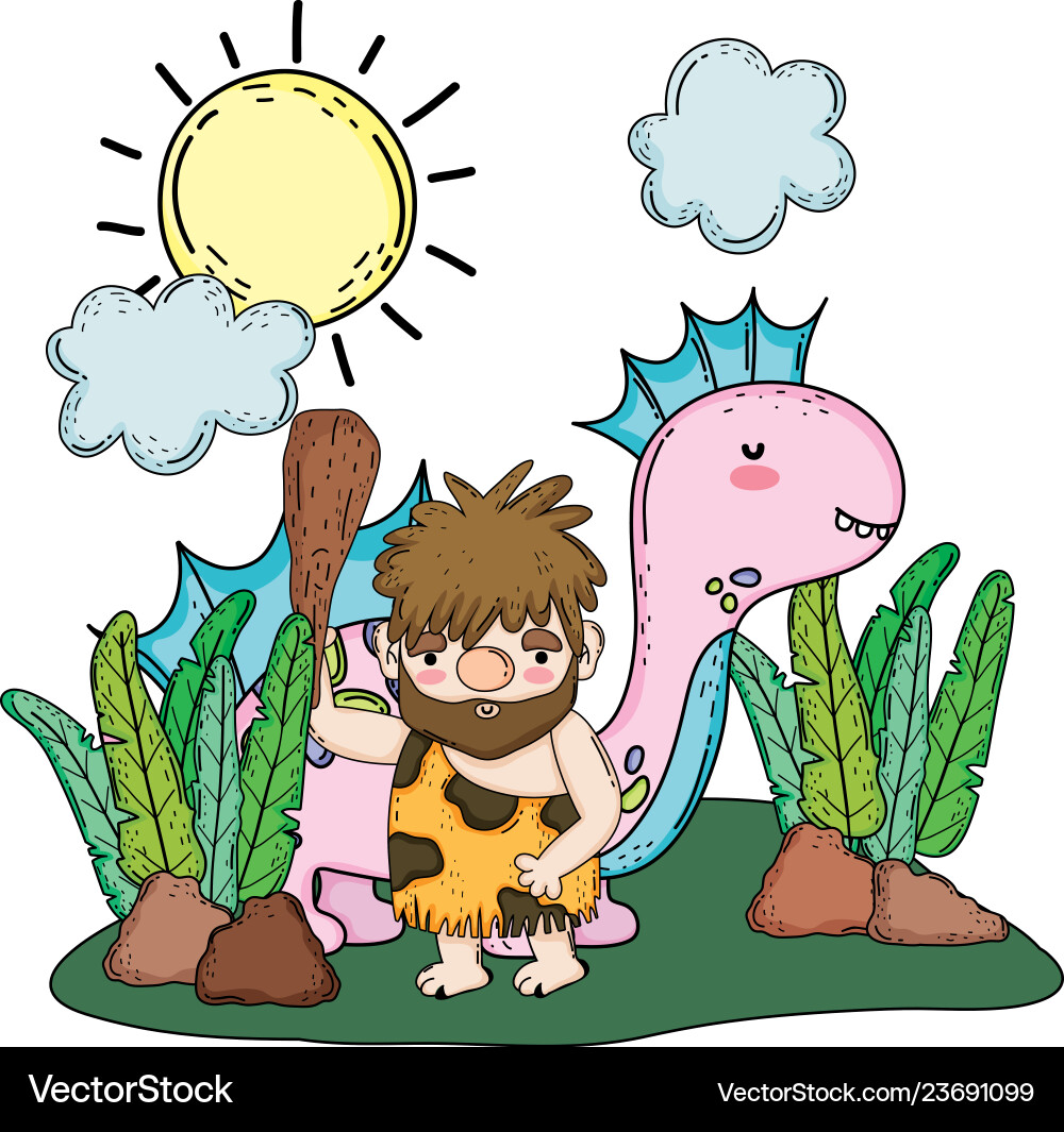 Caveman with dinosaur in the landscape Royalty Free Vector