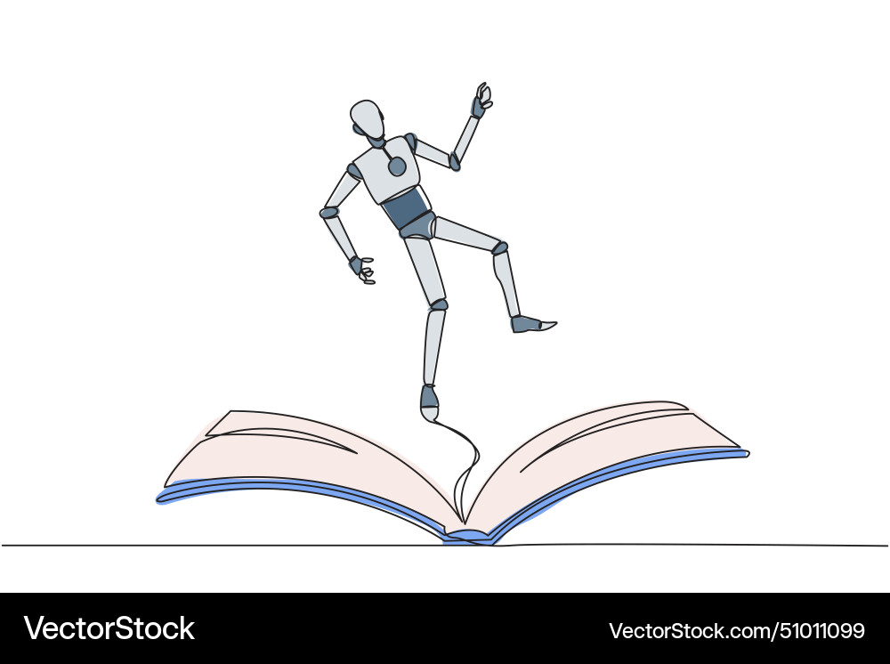 Continuous one line drawing robot hovering over Vector Image