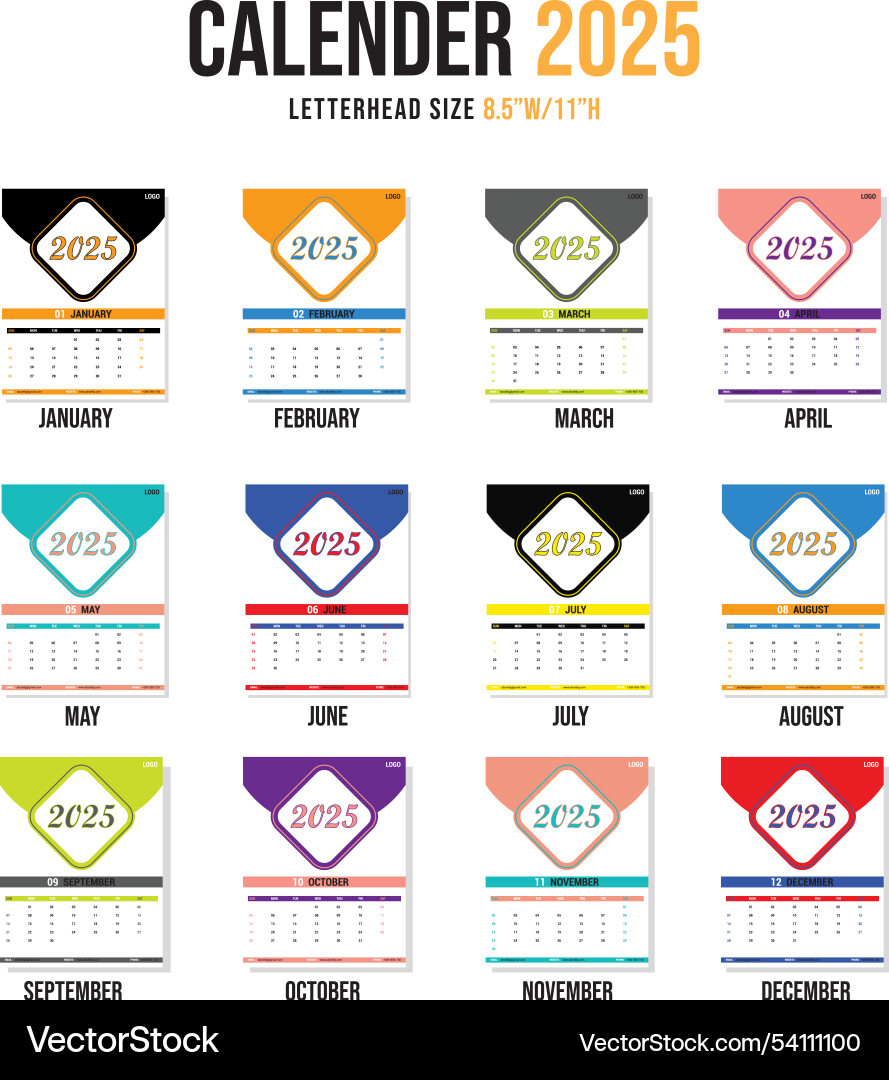 12 months set calendar 2025 Royalty Free Vector Image
