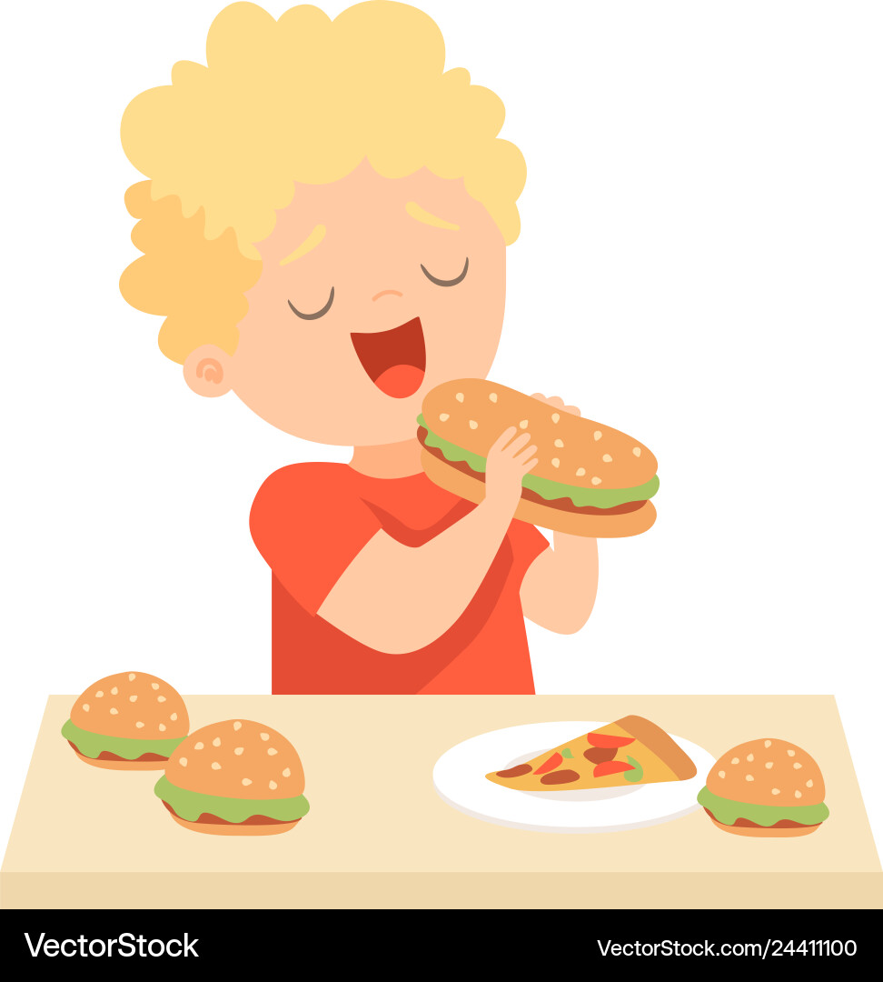 Cute happy boy eating burger kid enjoying Vector Image