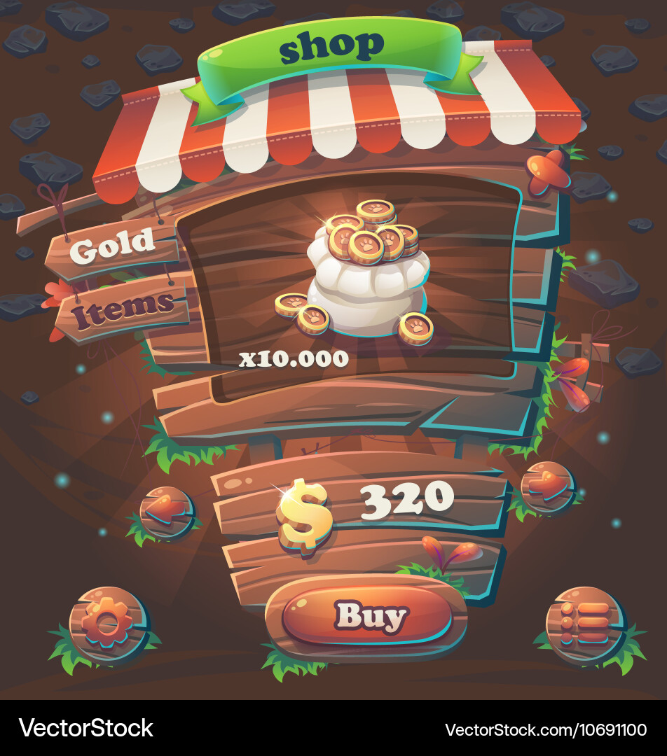 Wooden game user interface window shop Royalty Free Vector Wooden game user interface window shop Royalty Free Vector