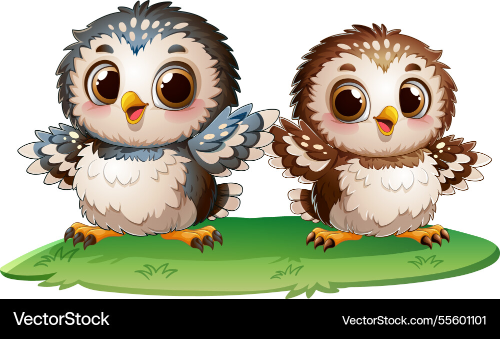 Two cute owls standing together on grass Vector Image