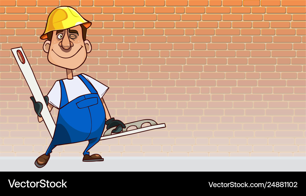 Cartoon man in uniform with tools for plaster wall