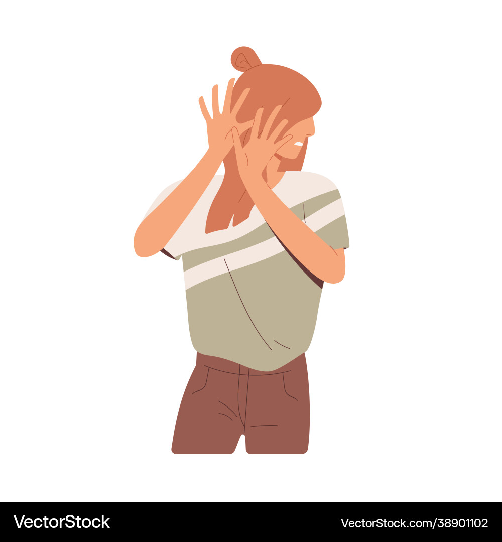 Embarrassed woman hiding her face behind hands Vector Image