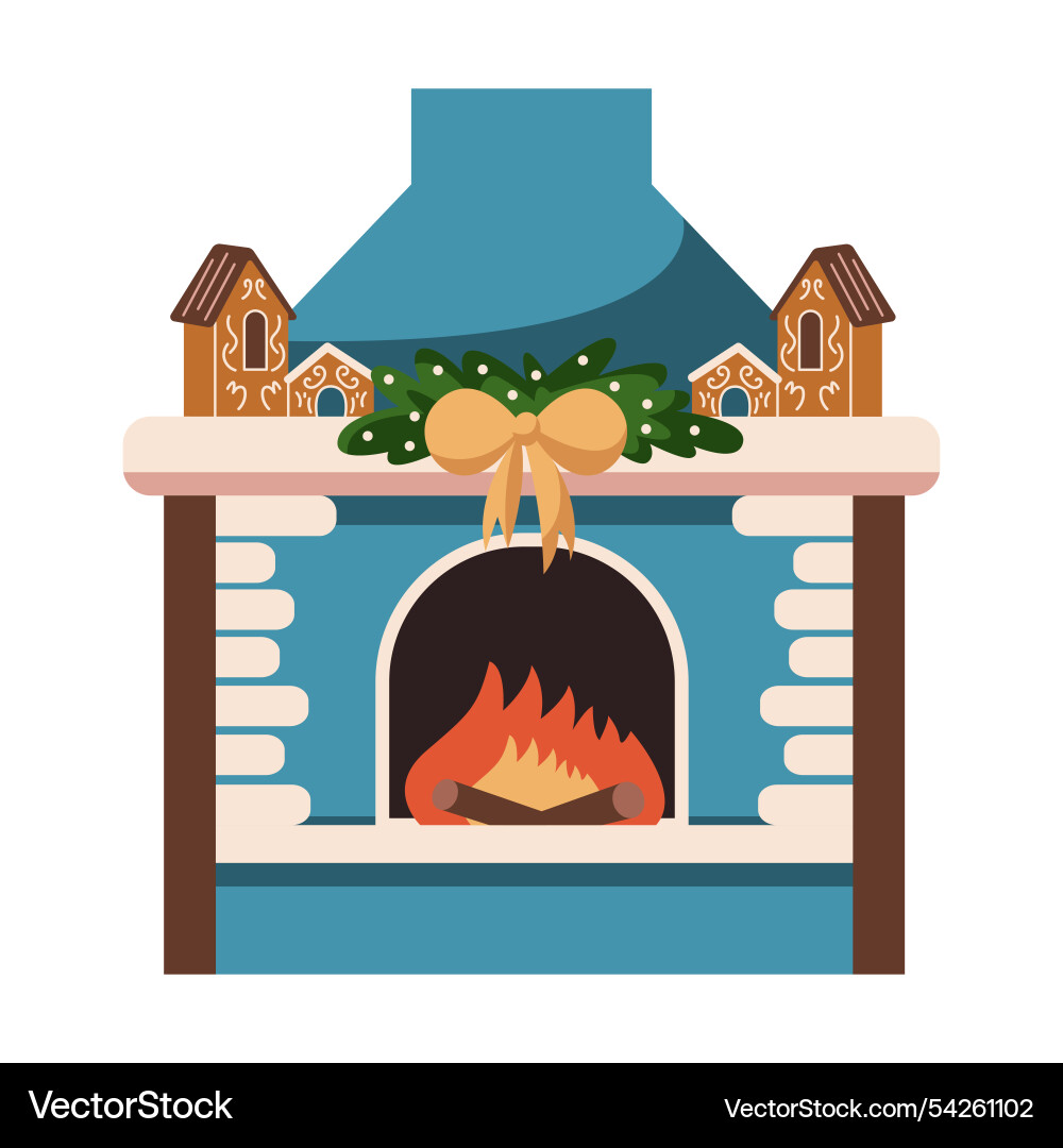 Fireplace with festive gingerbread houses flat Vector Image