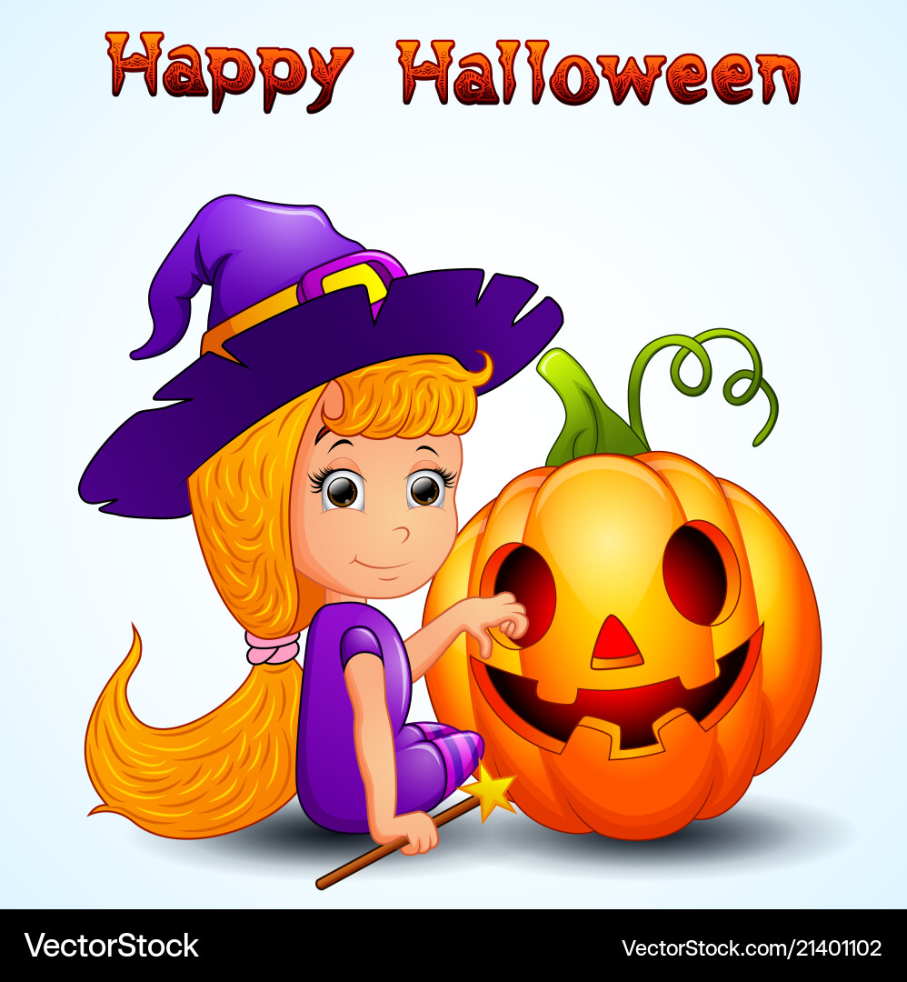 Happy witch and pumpkin cartoon Royalty Free Vector Image
