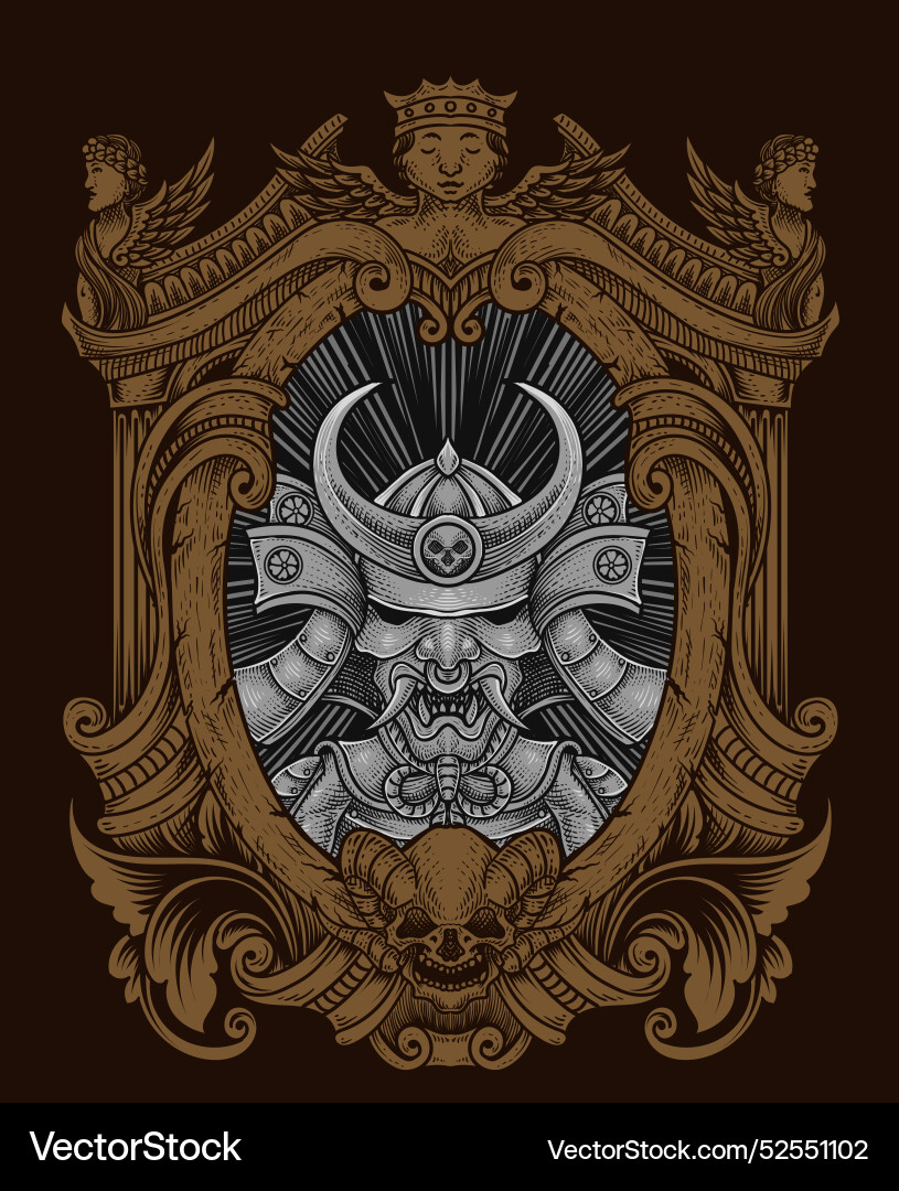 Isolated samurai warriors with engraving frame Vector Image