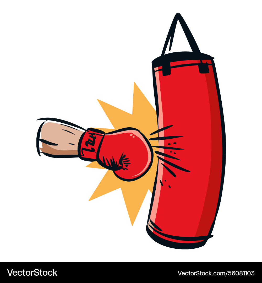 Roter Boxhandschuh der auf einen Boxsack auftrifft