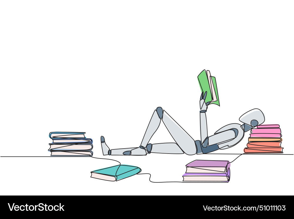 Single one line drawing smart robot lying down Vector Image