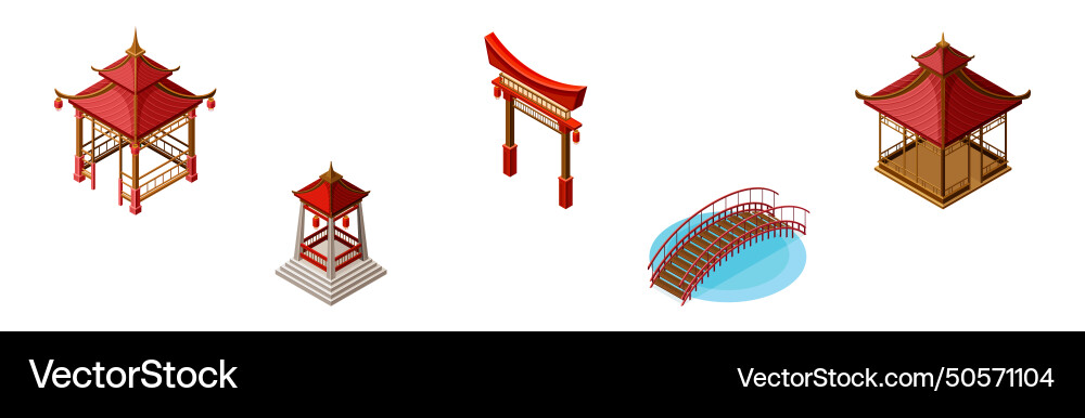 Asian architecture with gazebo bridge and torii Vector Image