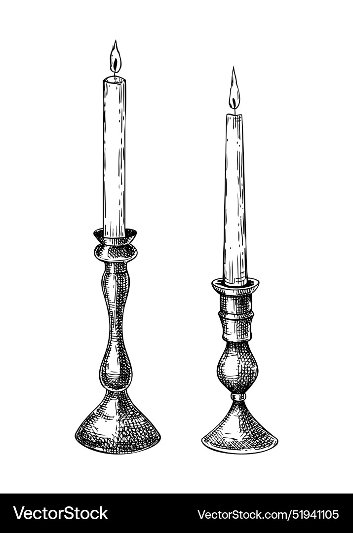 Glass candle holders with burning candles sketch Vector Image